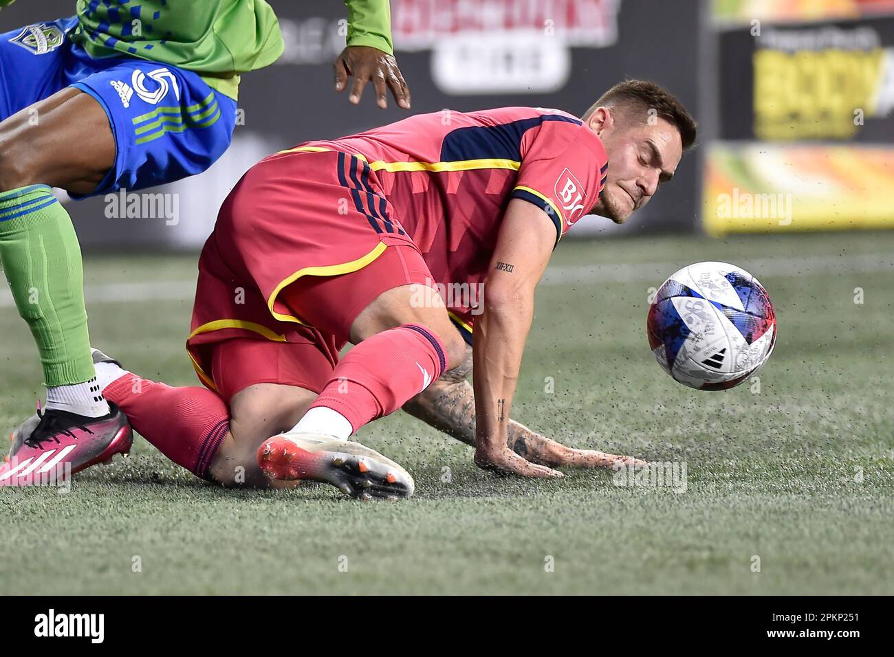 April 08, 2023: St. Louis City defender Jake Nerwinski (2) goes to the ...