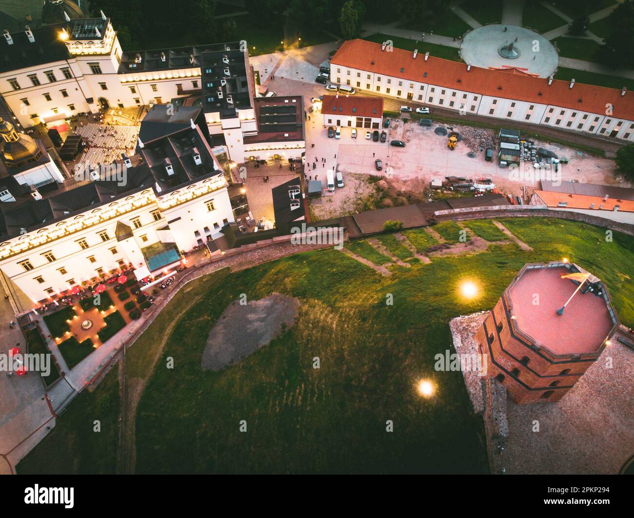 Aerial scenic Lithuania capital city Gediminas castle tower with city ...
