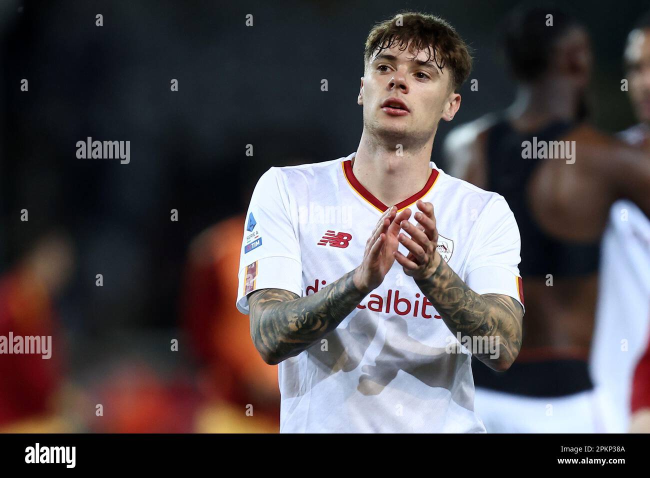 Torino, Italy. 08th Apr, 2023. Nicola Zalewski of As Roma celebrates ...