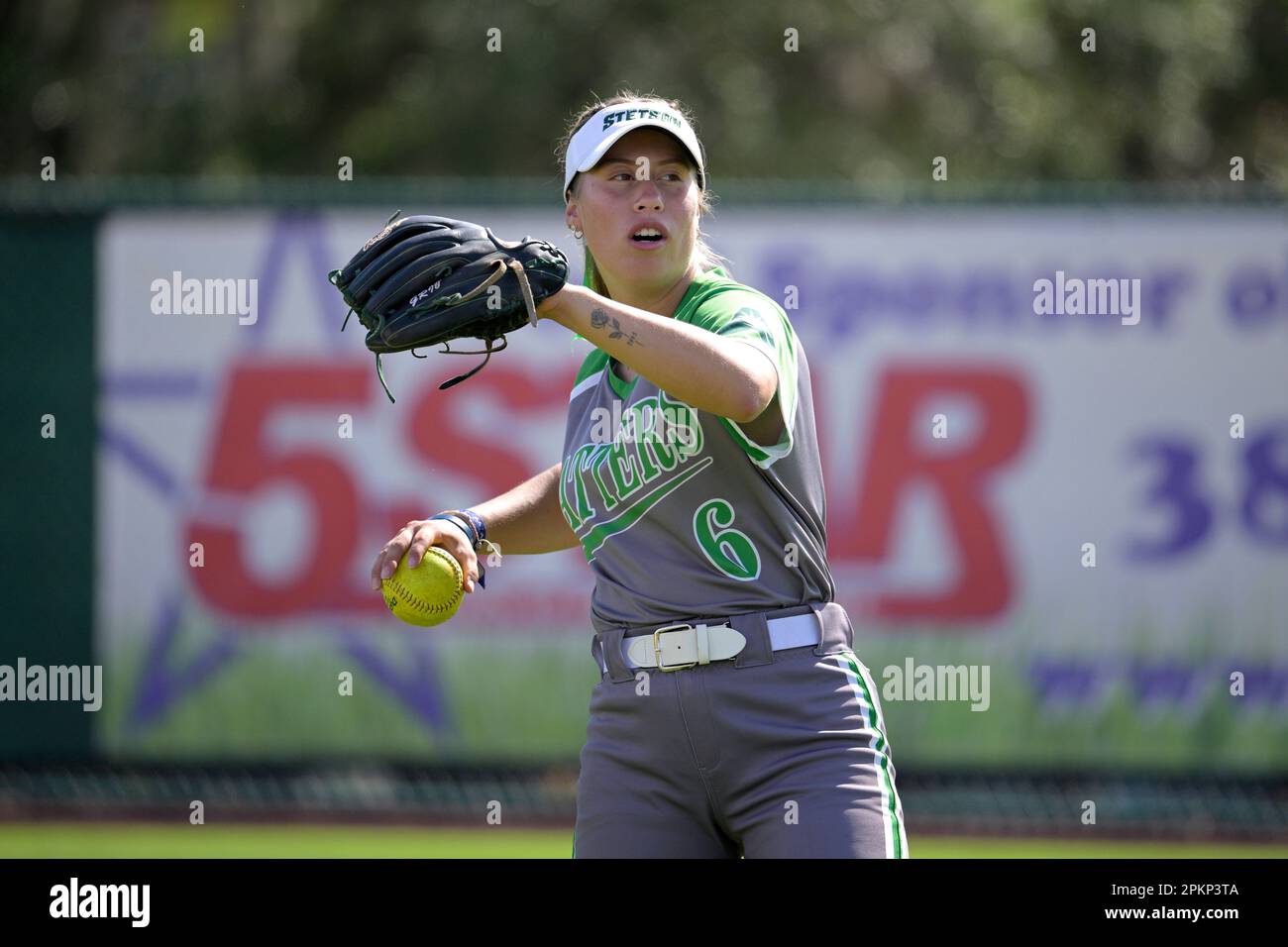 Stetson's Sofia Boza (6) throws during an NCAA college softball game ...