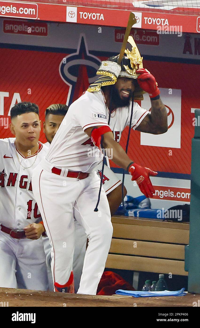 Luis Rengifo of the Los Angeles Angels wears a samurai warrior helmet ...