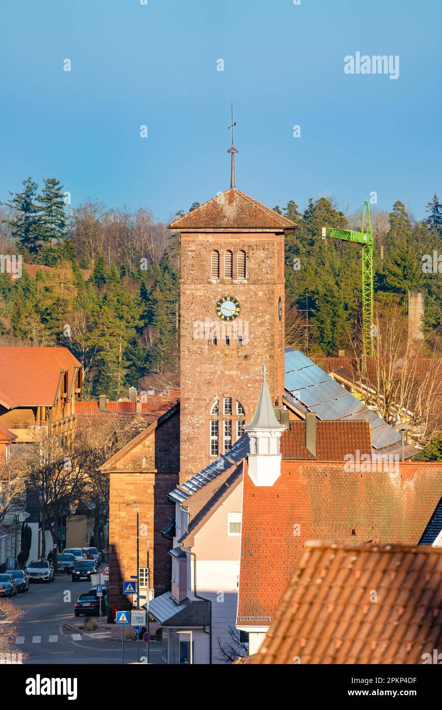 Church in the village in the evening light, Schömberg, Black Forest ...