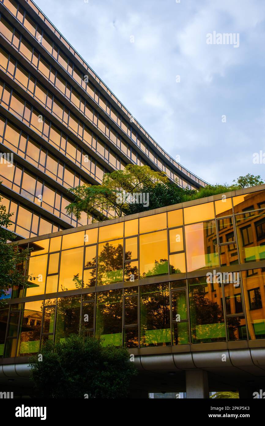 Office building with orange tinted windows in downtown Brussels Stock ...