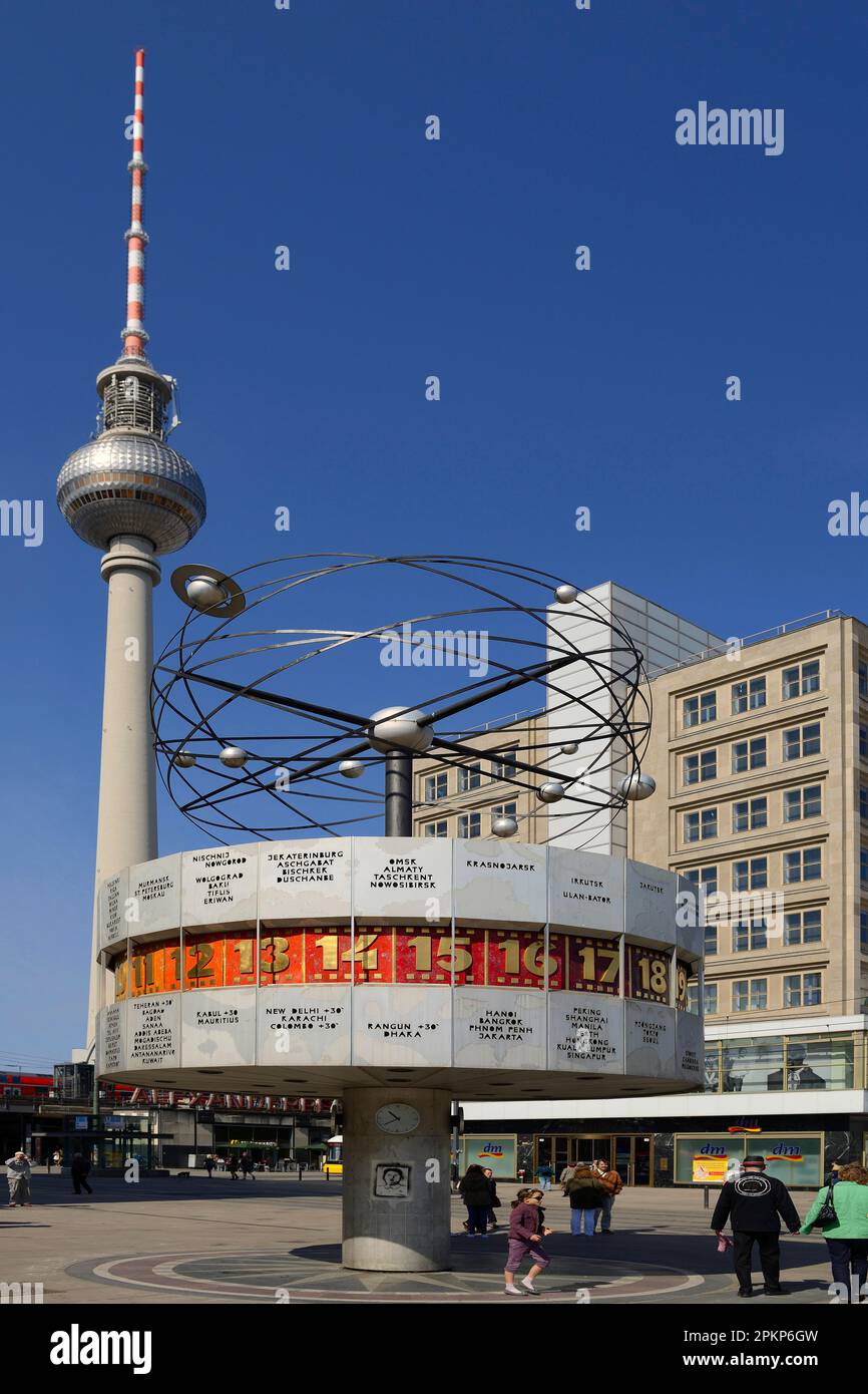 World Time Clock and the 369-metre-high TV Tower at Alexanderplatz, Berlin, Mitte, Germany ...
