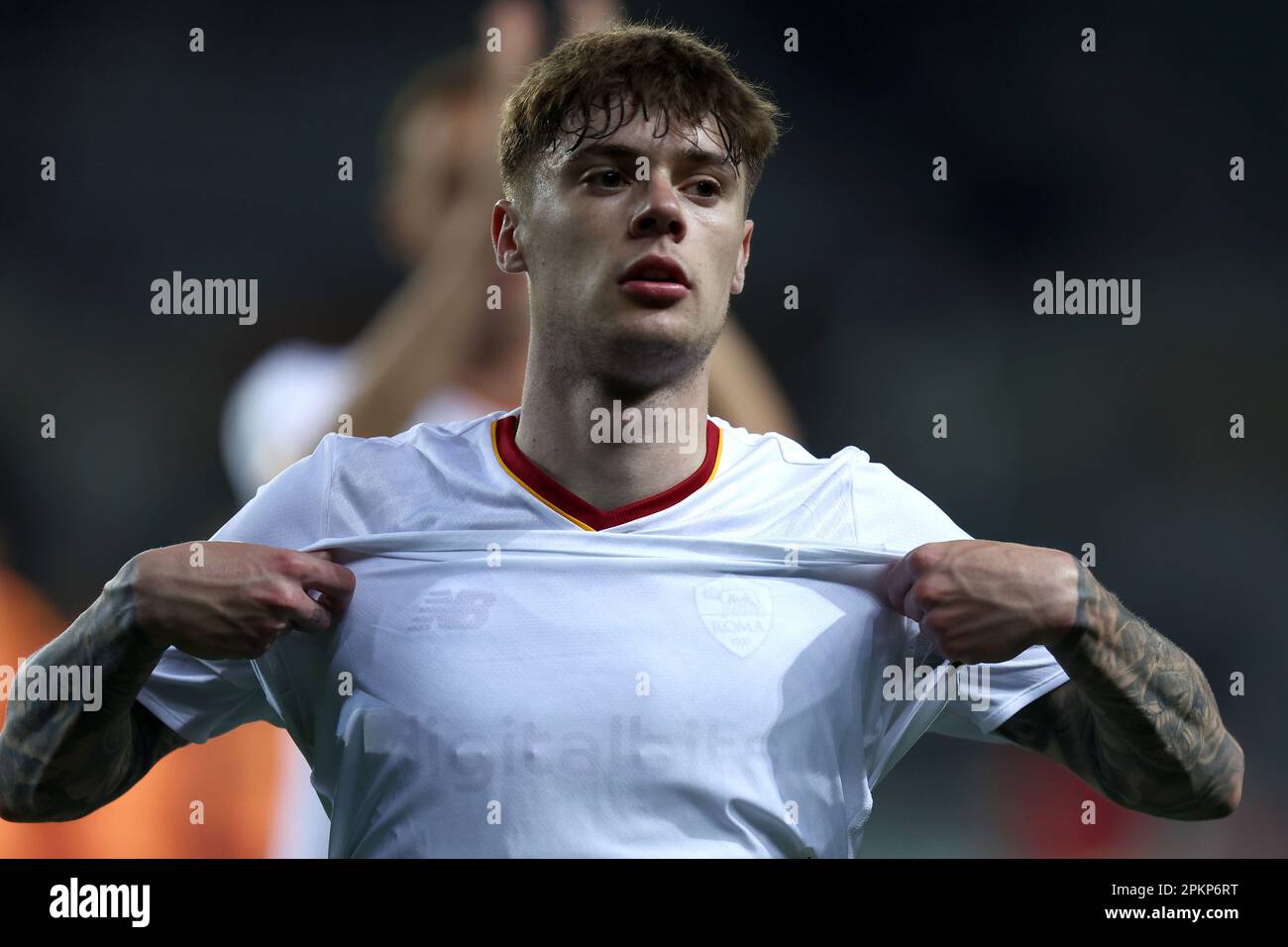 Torino, Italy. 08th Apr, 2023. Nicola Zalewski of As Roma celebrates at ...