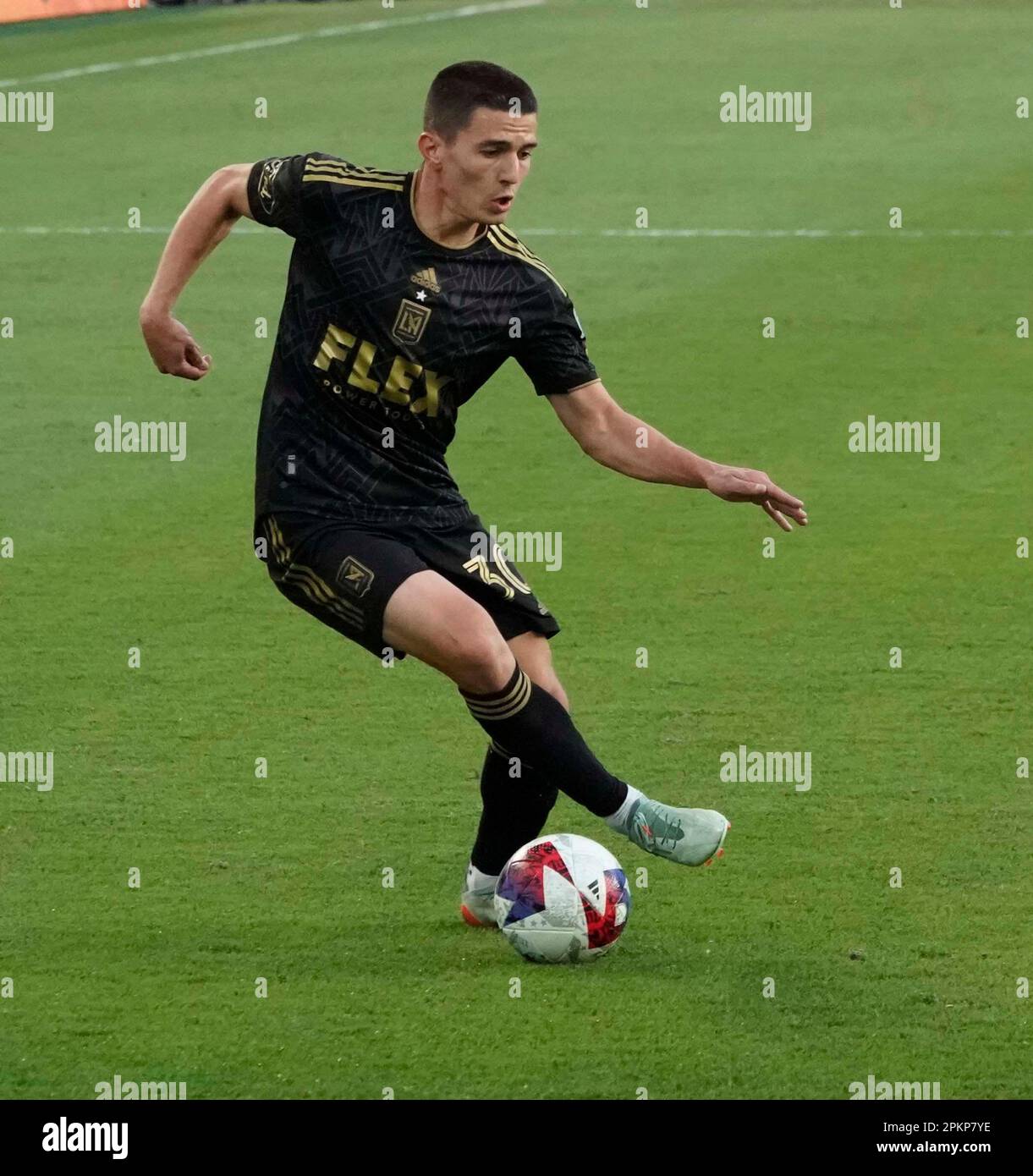 April 8, 2023: MLS - LAFC defender Sergi Palencia heading toward the ...