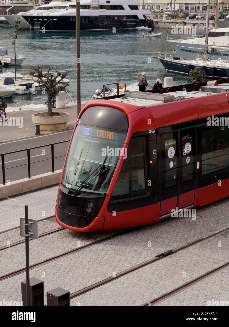 NICE, FRANCE- CIRCA MARCH, 2023: Red tram in Port Lympia station on a 2 ...