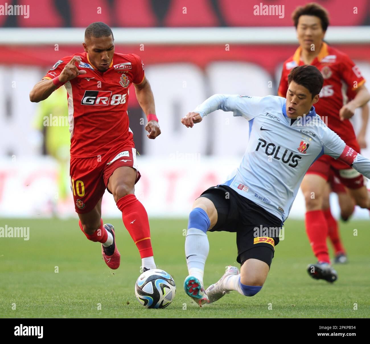 Nagoya's Mateus Castro struggles to hold a ball during MEIJI YASUDA J1 ...