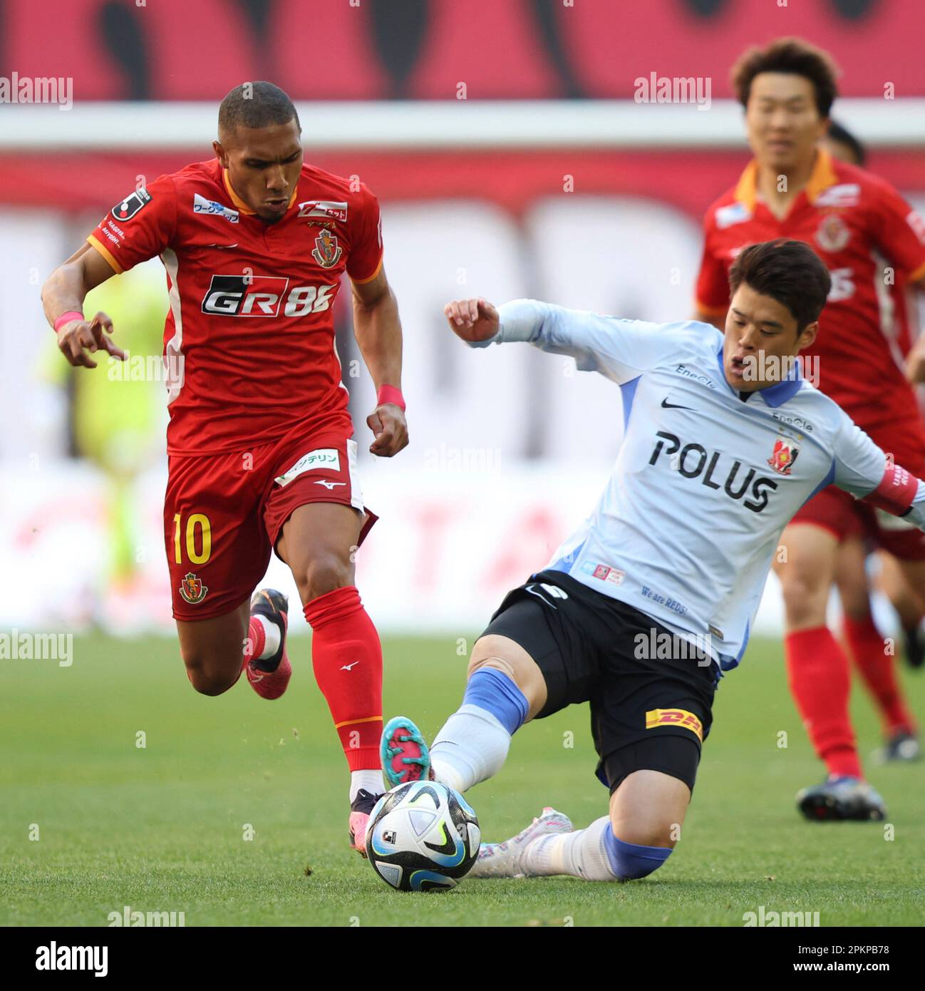 Nagoya's Mateus Castro struggles to hold a ball during MEIJI YASUDA J1 ...