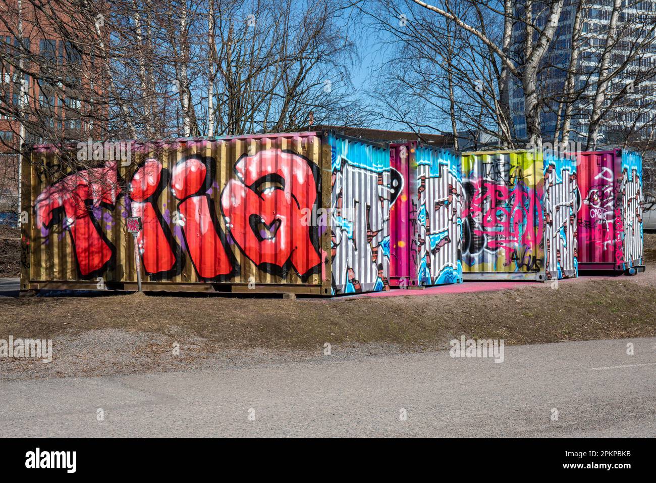 Colorful graffitis on shipping containers in Suvilahti district of ...