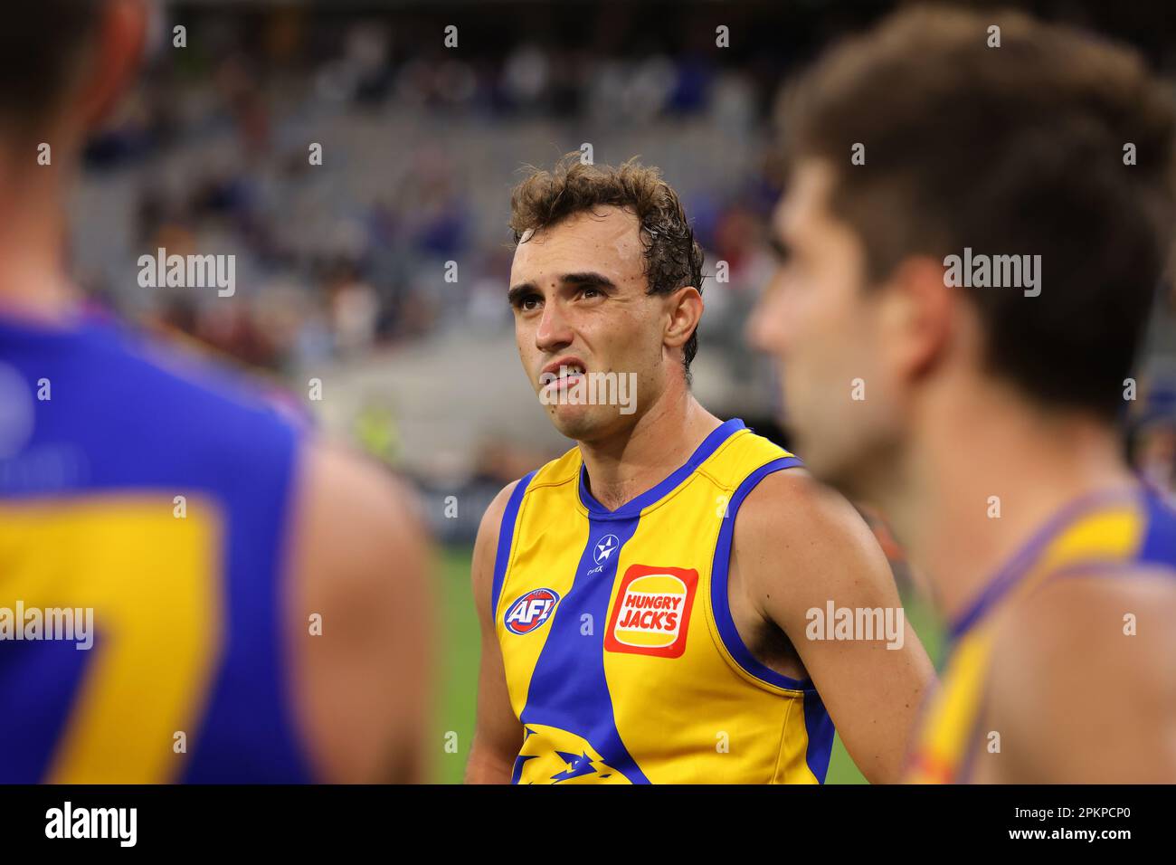 Luke Edwards of the Eagles reacts after being defeated during the AFL ...