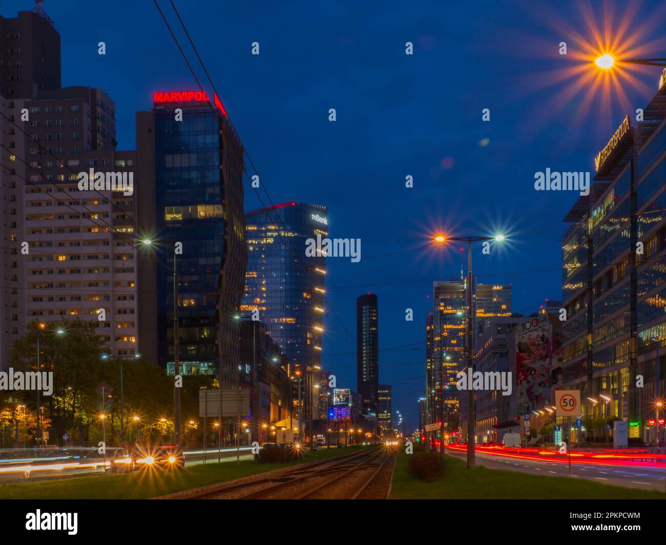 Warsaw, Poland - April 2022: Modern skyscrapers in Warsaw during night ...