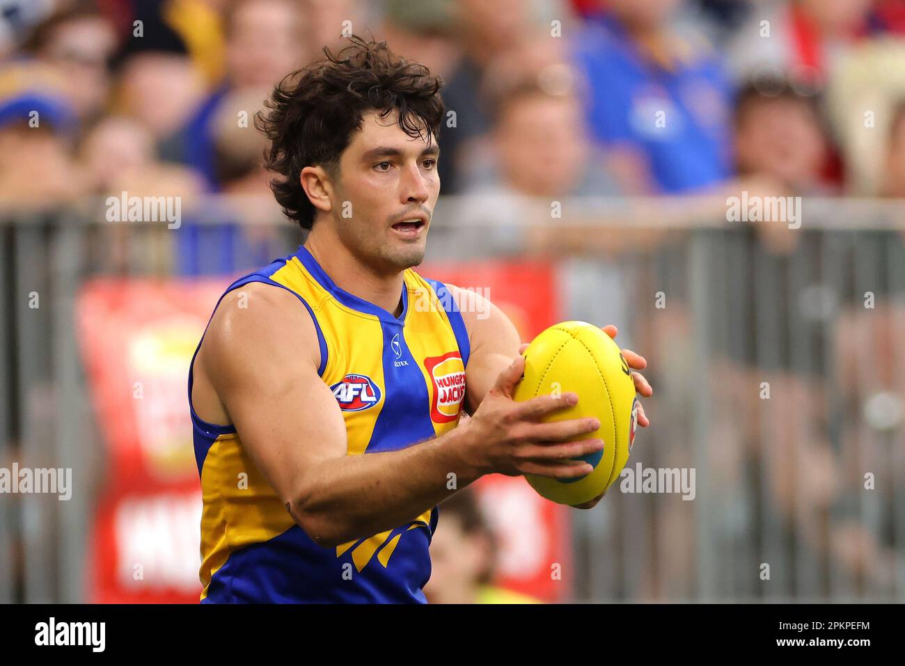 Tom Barrass of the Eagles in action during the AFL Round 4 match ...