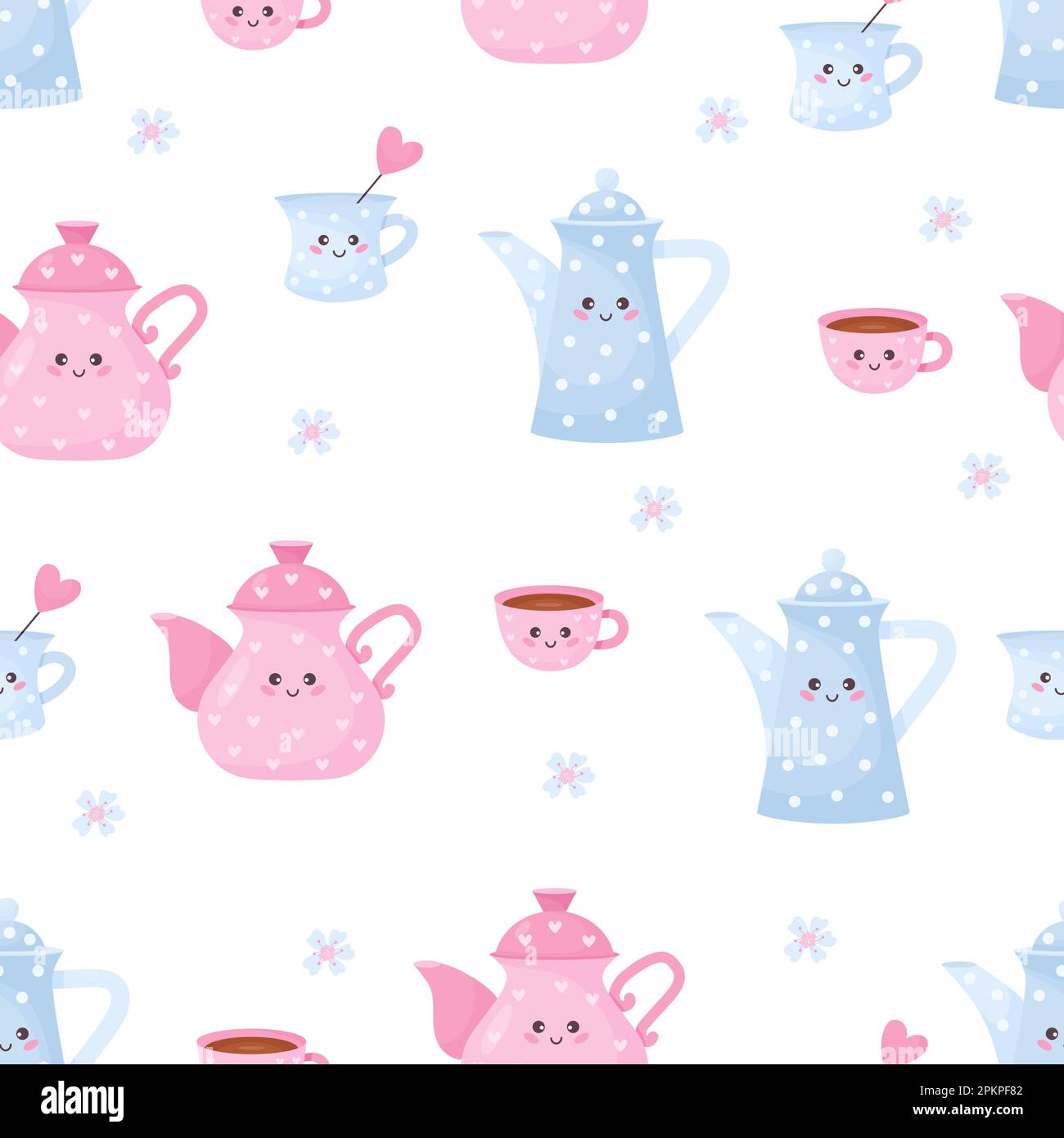Seamless pattern with cute cups and teapots on white background. Vector ...