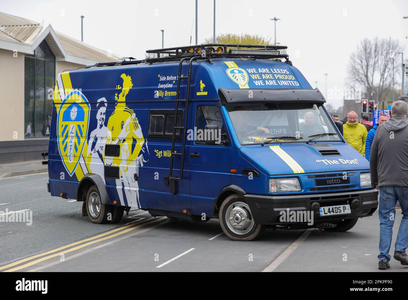 Leeds, UK. 09th Apr, 2023. A Leeds United themed van arrives at Elland ...