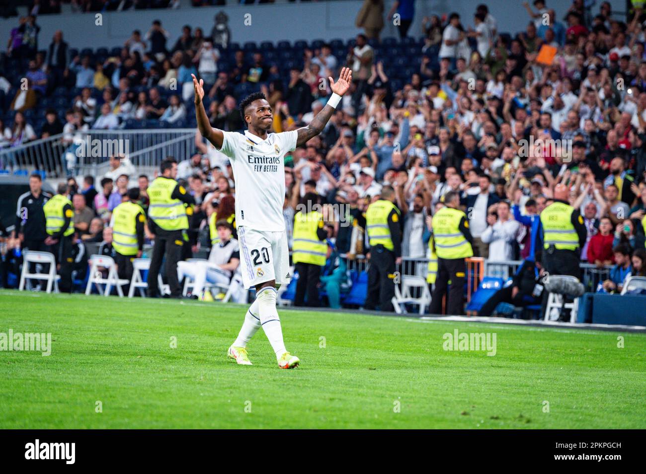 Madrid, Madrid, Spain. 8th Apr, 2023. Vin'cius JÅ“nior (Real Madrid) celebrate his goal during ...