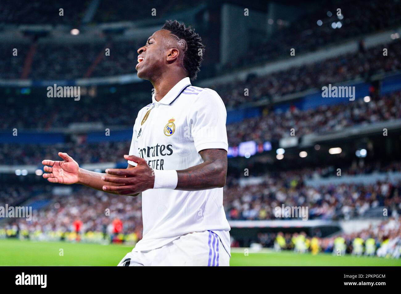 Madrid, Madrid, Spain. 8th Apr, 2023. Vin'cius JÅ“nior (Real Madrid) during the football match ...