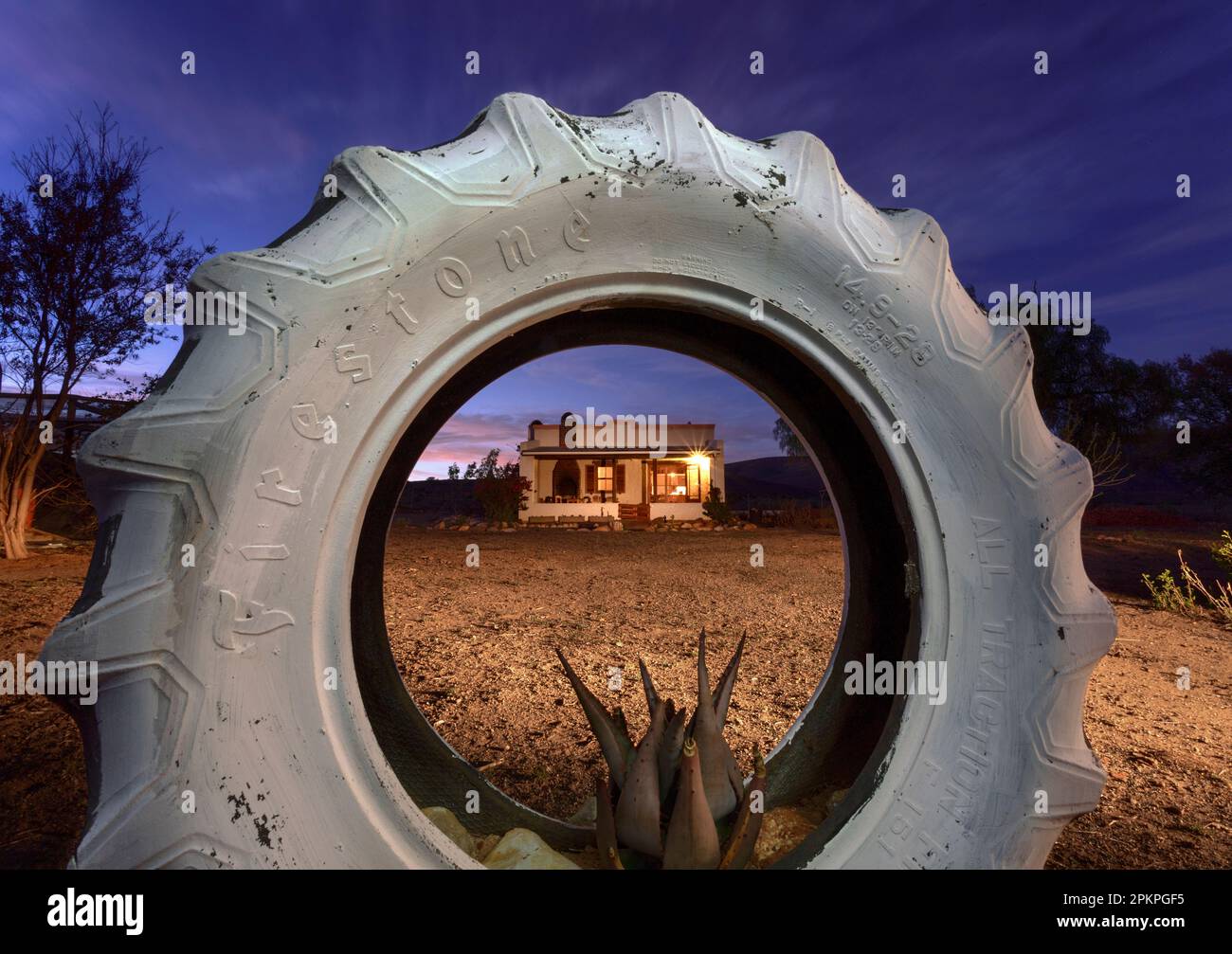 The Klein Karoo Guest Farm with old tractor tyre near Zoar Stock Photo ...