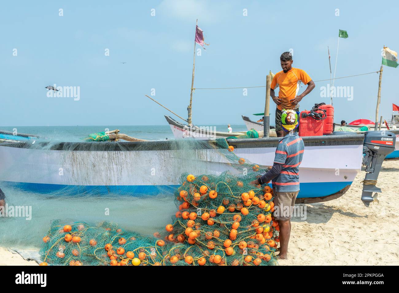 Benaulim Beach, Goa - India. April, 06 2023. Fishermen unloading their ...
