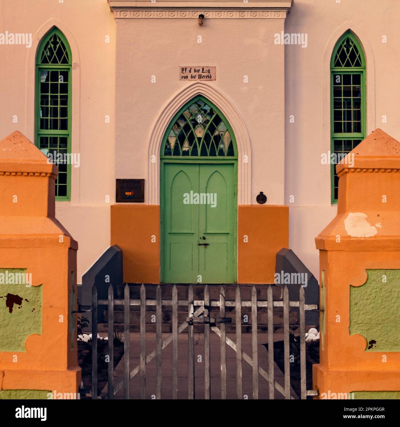 The entrance of the Amaliënstein Mission Chirch in Zoar Stock Photo - Alamy
