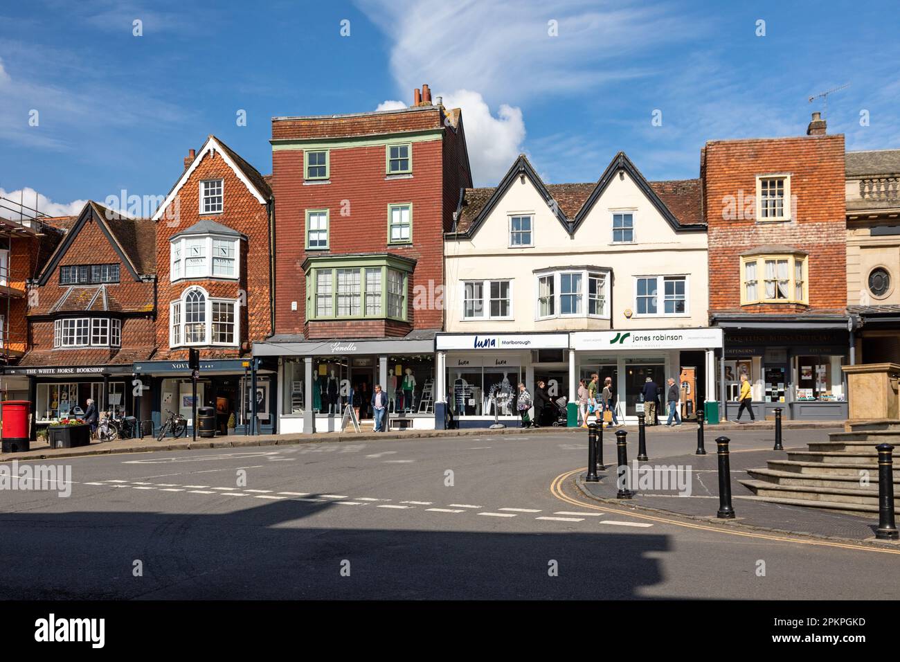 Architecture and shops in Marlborough High Street. A historic market ...