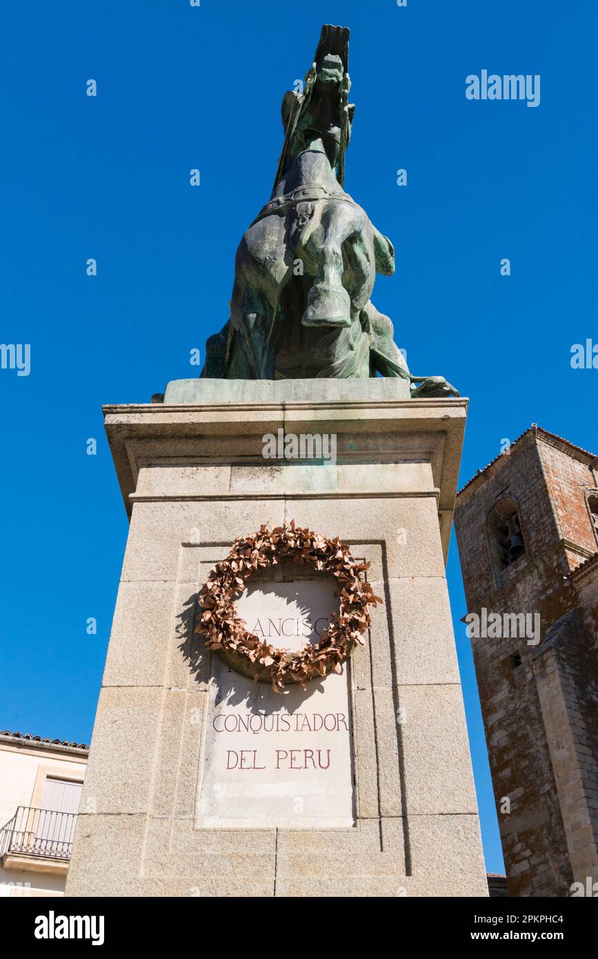 Bronze statue of conquistador Pizarro on the Plaza Mayor of Trujillo ...