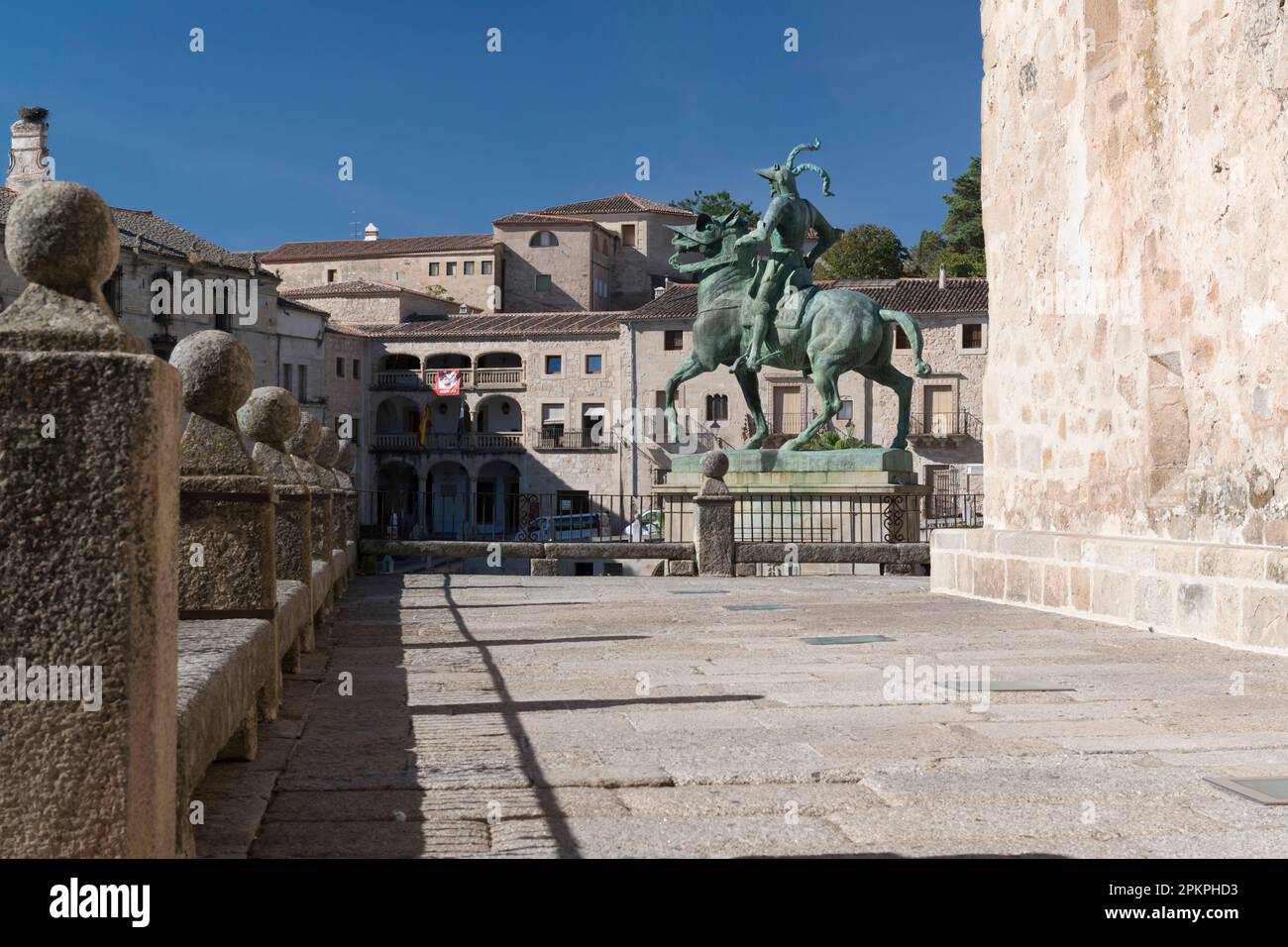 Statue of conquistador Pizarro seen from the terrace around the church ...