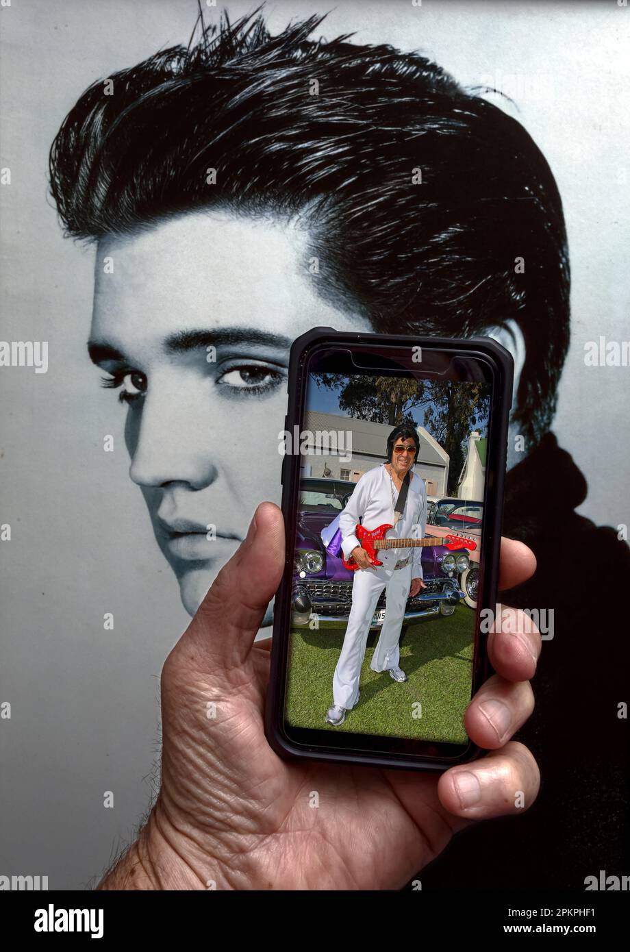 Elvis Presley inpersonator, Jan du Rand, stands in front of the Marilyn ...