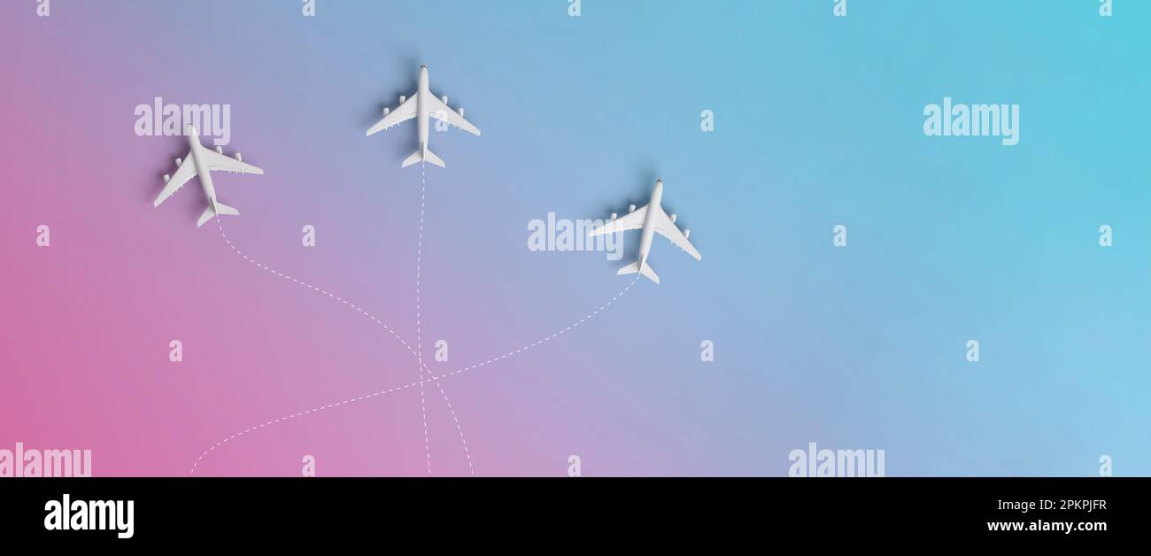 Three airplanes travelling to different destinations in gradient ...