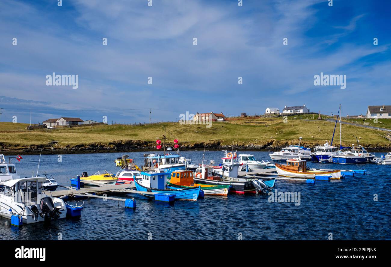 The small harbour at Bridge End, West Burra, Shetland Isles, Scotland ...