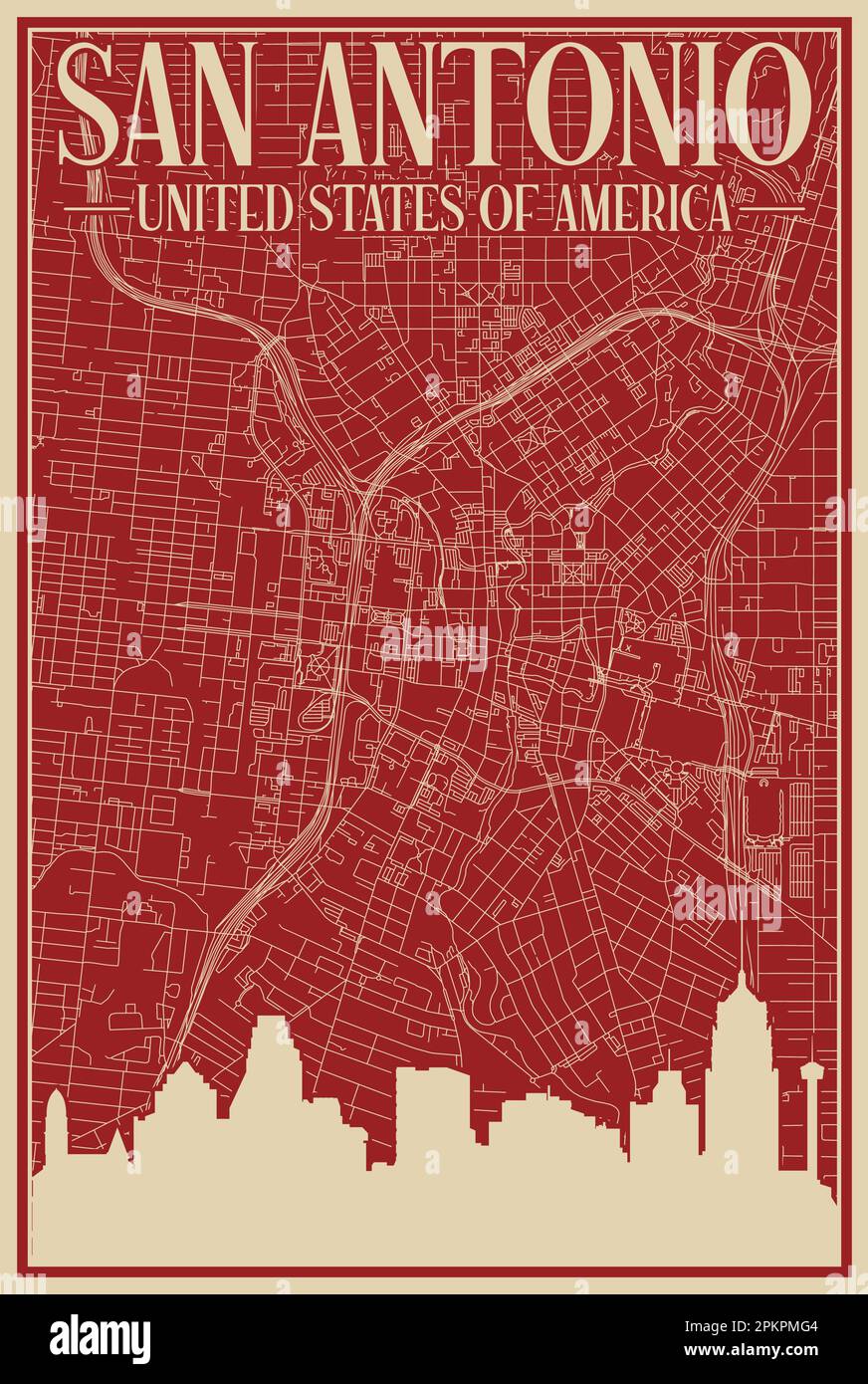 Road network poster of the downtown SAN ANTONIO, UNITED STATES OF ...