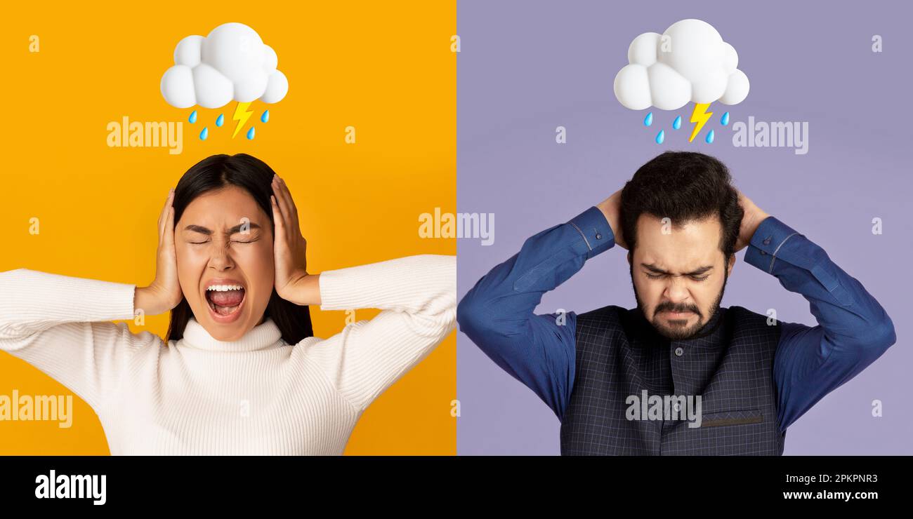 Upset angry excited millennial indian man and asian woman with ...