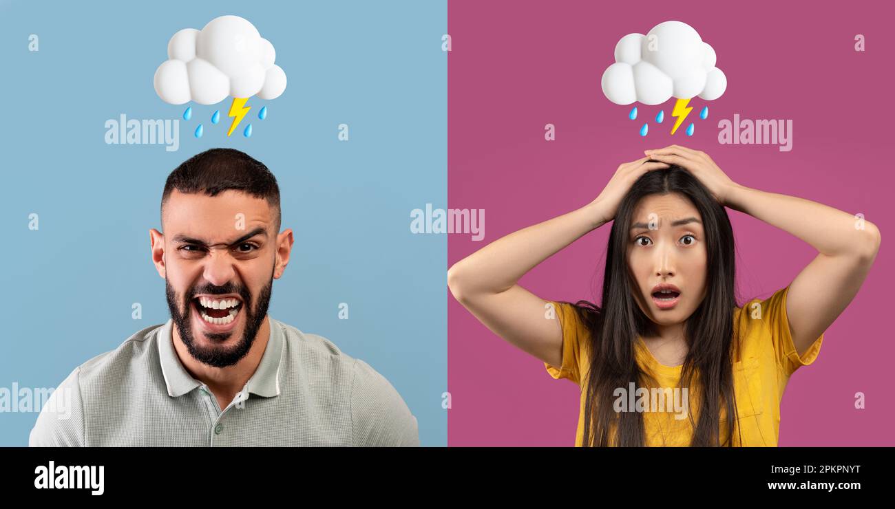 Angry frustrated excited young arabic man and surprised sad asian woman ...