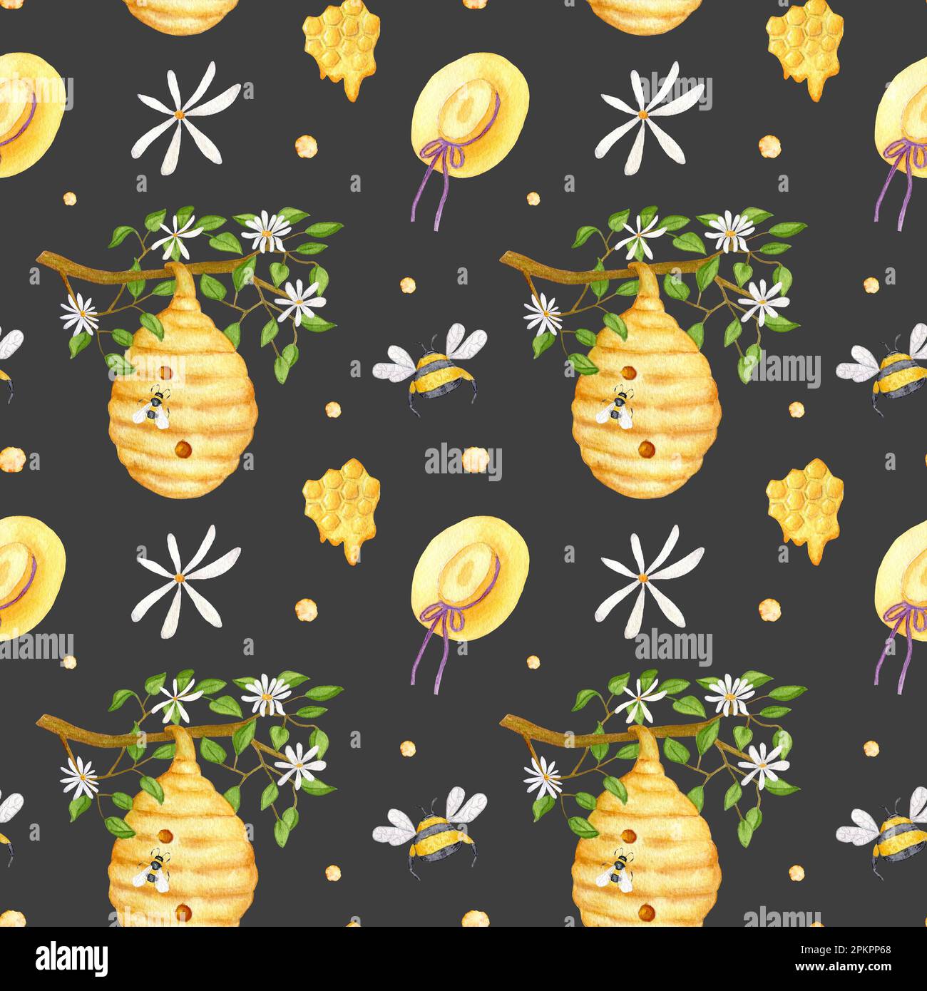 Apiculture. Watercolor pattern with bees and beehive on a tree. Straw ...