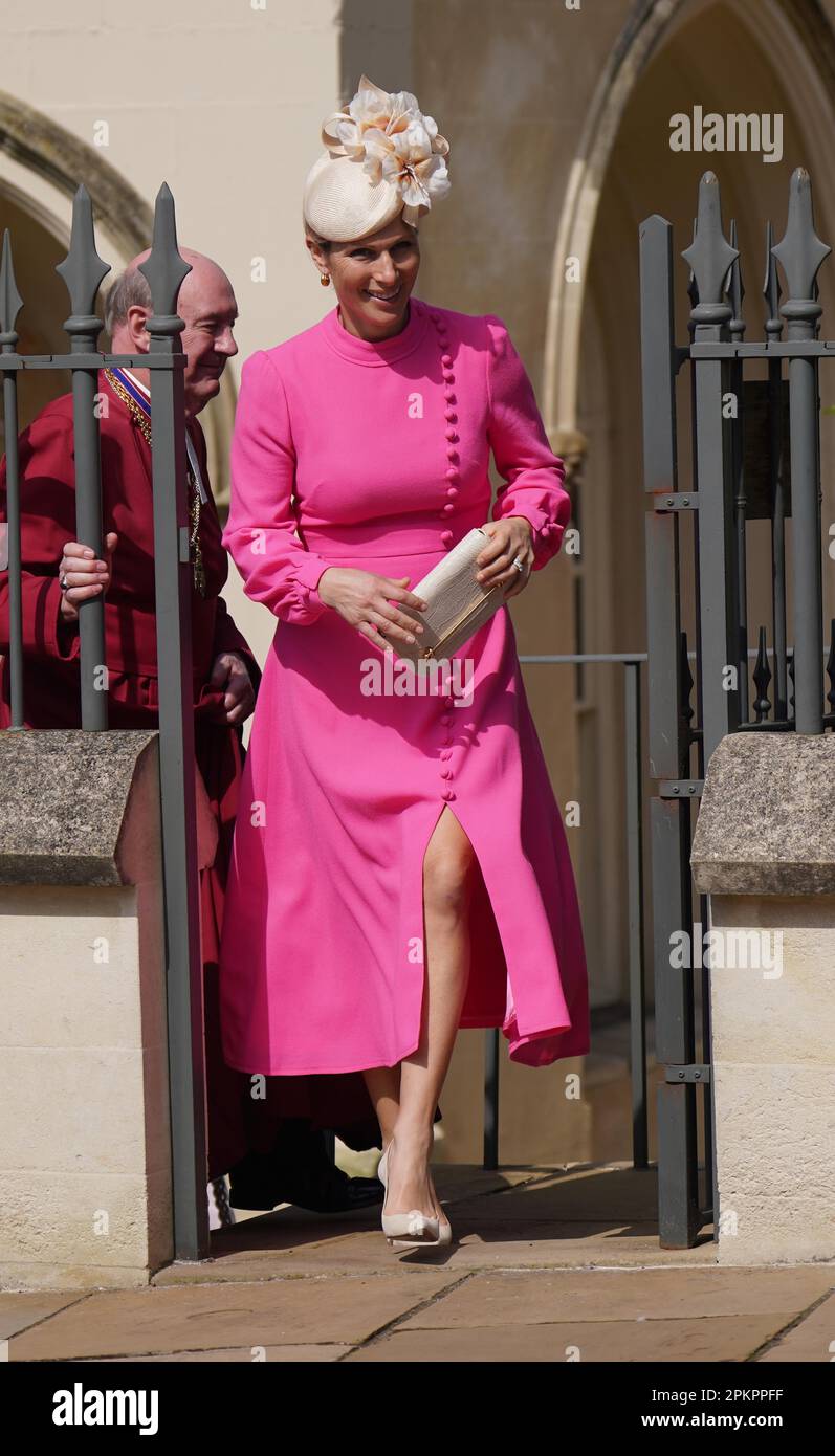 Zara Tindall eaves after attending the Easter Mattins Service at St ...