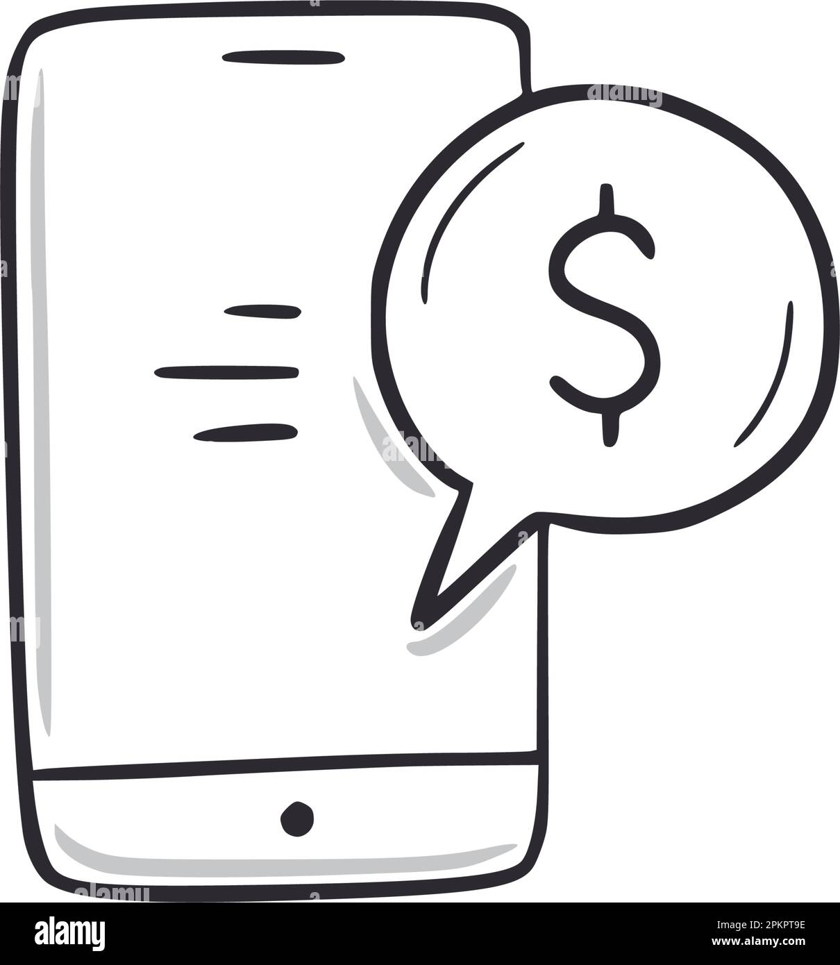 Phone money message doodle. Salary notification phone hand drawn sketch ...