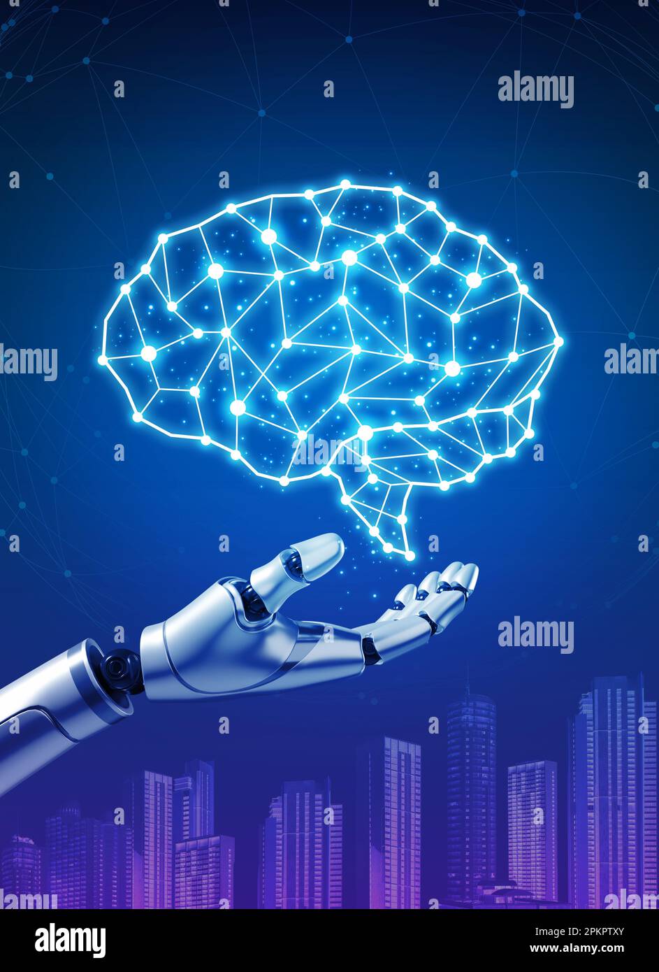3d robot holding virtual futuristic digital brain glowing over ...