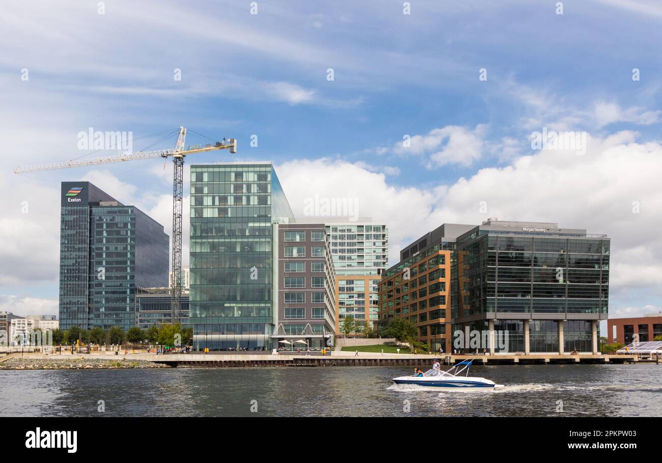 Harbor East waterfront view with boat in Baltimore Maryland Stock Photo ...
