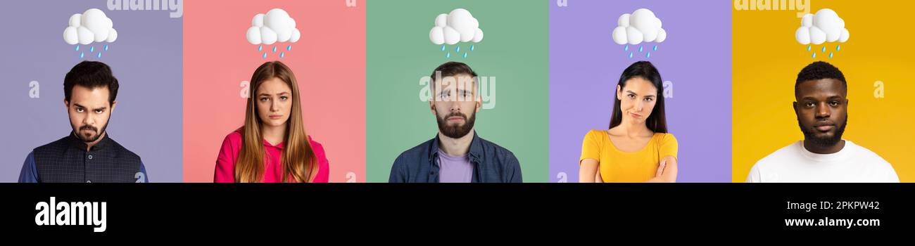 Sad angry frustrated millennial black, european and indian people with ...