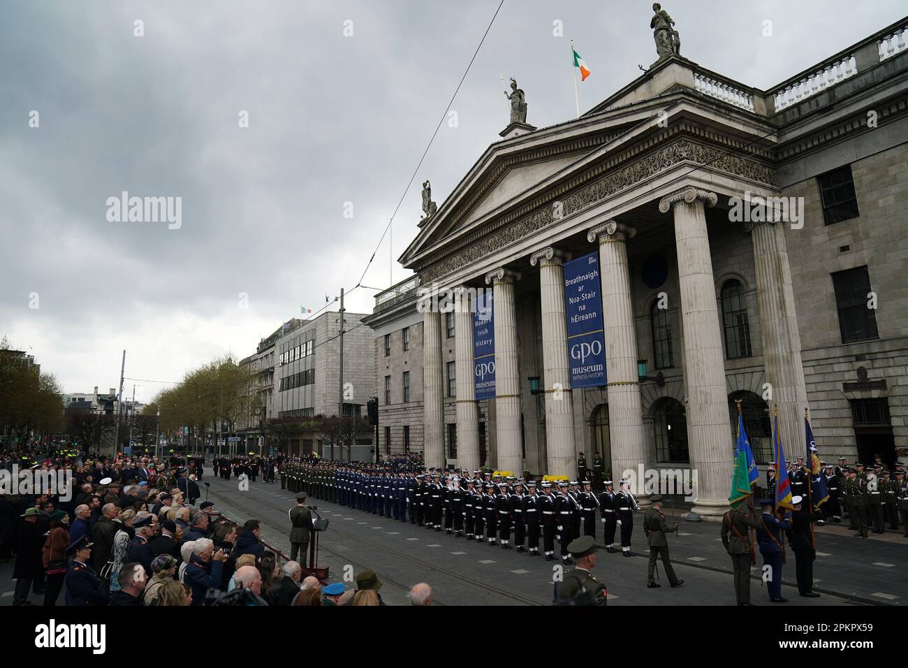 Members of the defence forces take part in a ceremony at the GPO on O ...