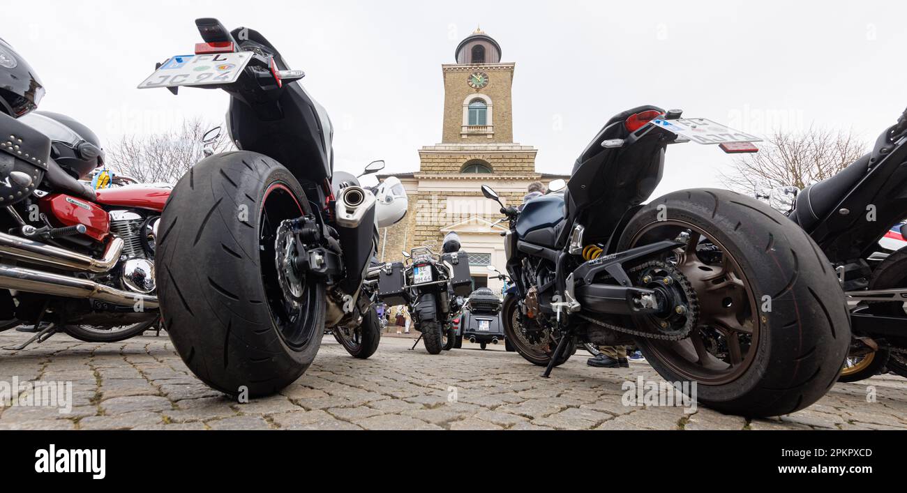 Husum, Germany. 09th Apr, 2023. Heavy motorcycles parked on the market ...