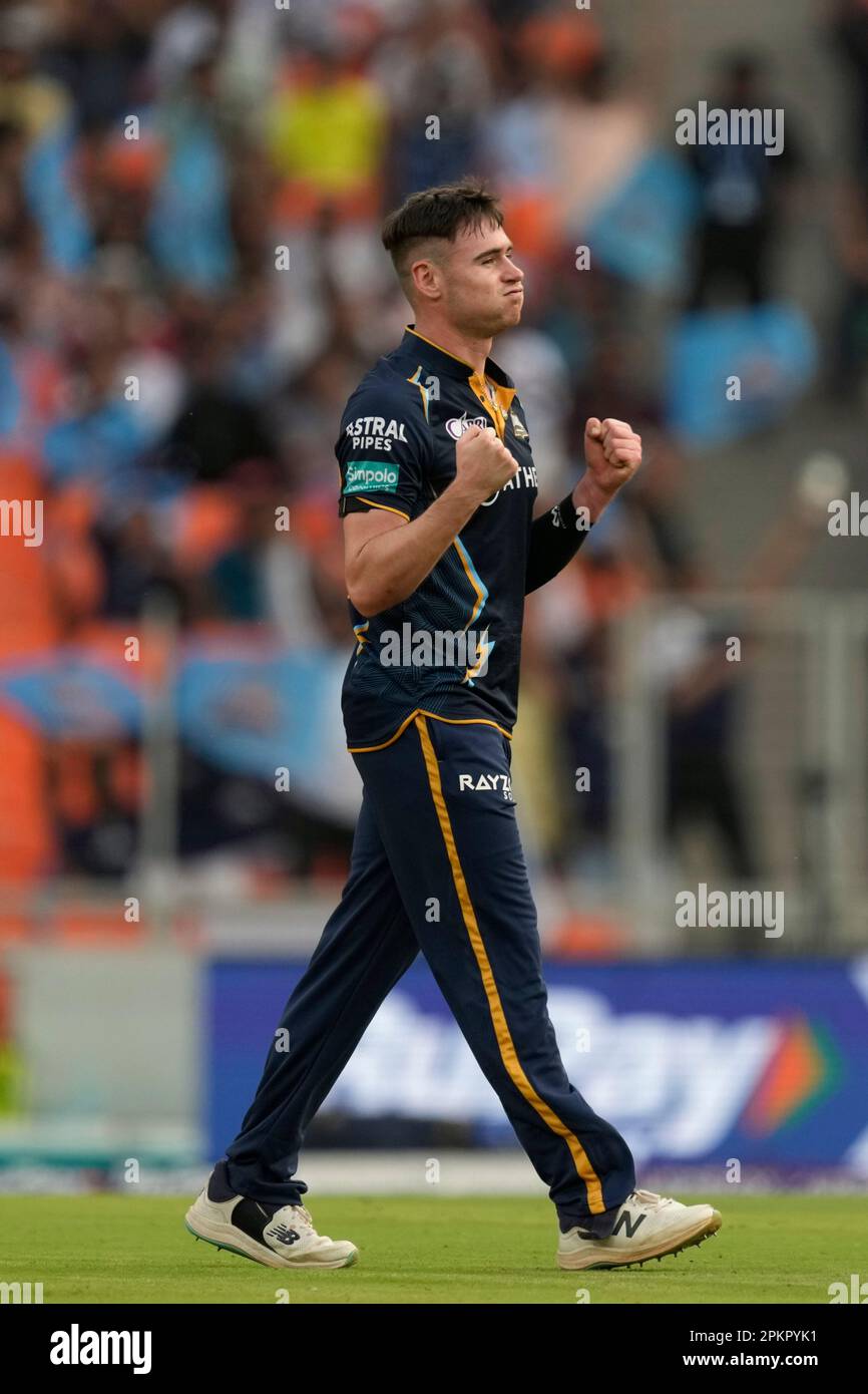 Gujarat Titan's Josh Little reacts after taking the wicket of Kolkata ...
