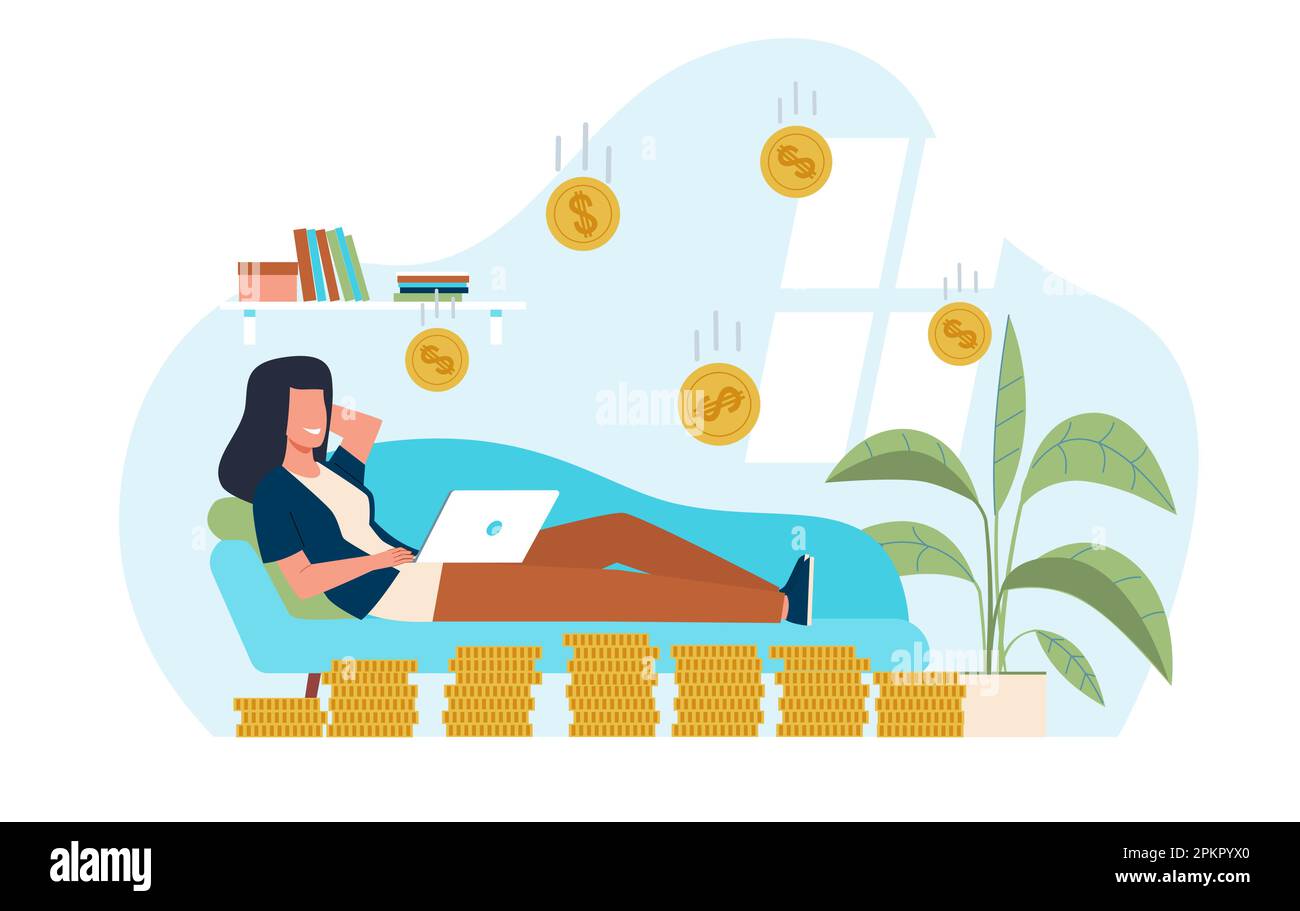 Passive income, woman resting on couch waiting for money to come in ...