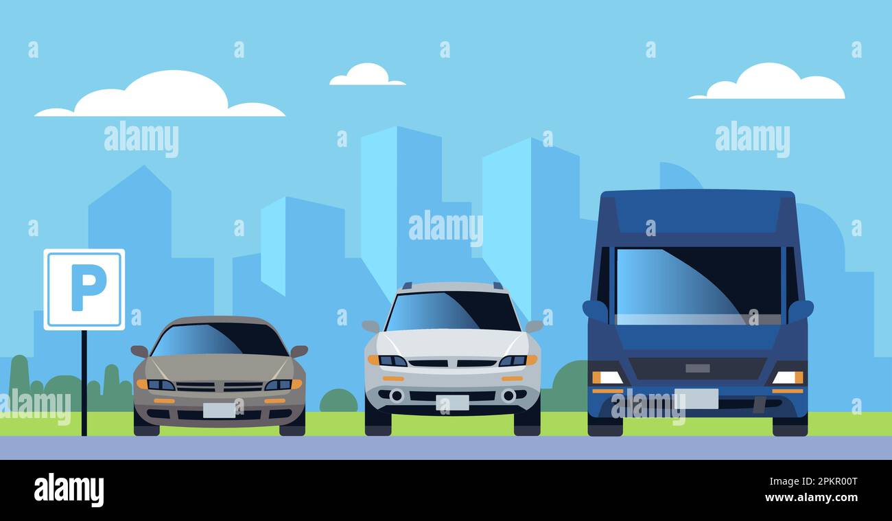 Parking lot with standing cars in background of city. Colored ...