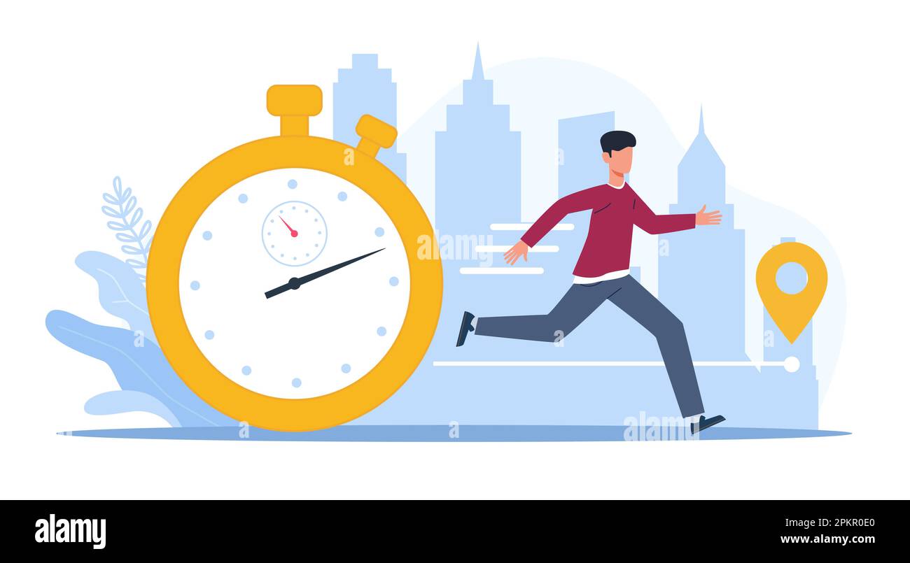 Man running through town, late for meeting. Modern carrying stressed ...