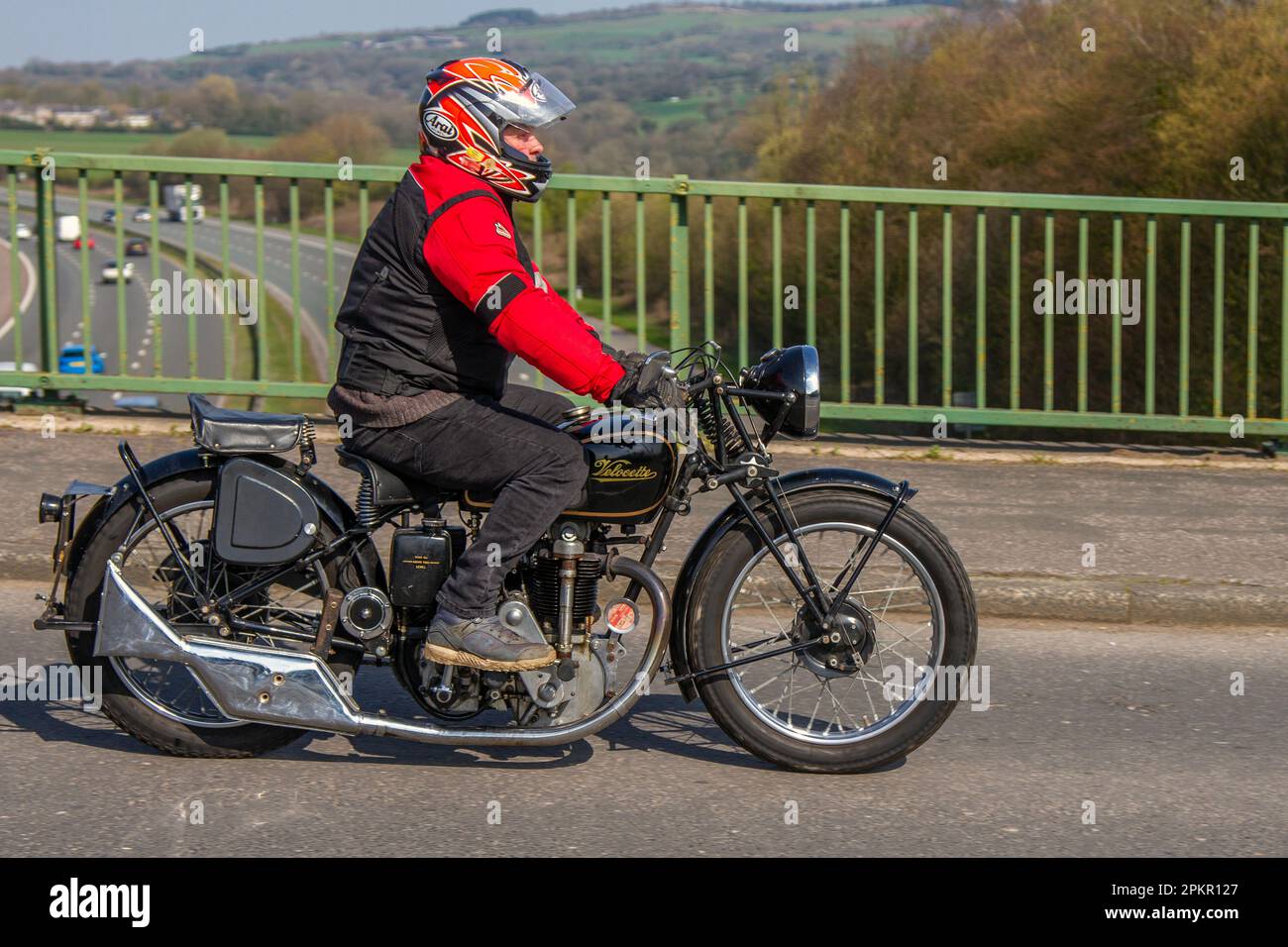 1934 30s thirties Black Velocette Petrol 348 cc; crossing motorway ...