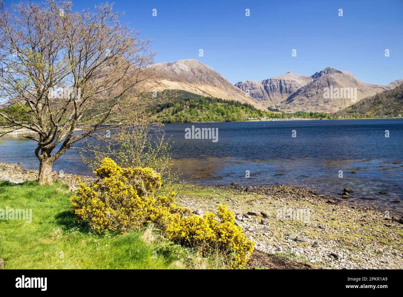 Springtime view over Loch Leven, in the Scottish Highlands, with a ...