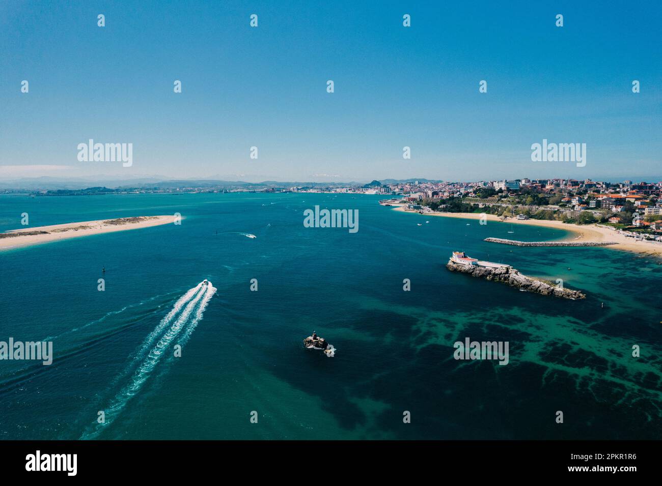 Aerial drone view of entrance to Santander Bay in Santander, Cantabria ...
