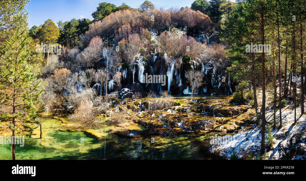 Panoramic view of the source of the Cuervo river, Cuenca, Spain. End of ...
