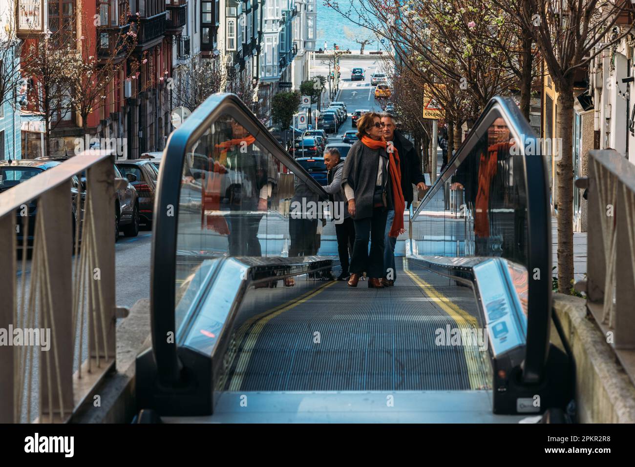 Santander, Spain - April 6, 2023: Street escalators in the historic ...